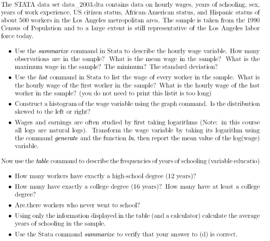 The Stata Data Set Data 2003dta Contains Data On 