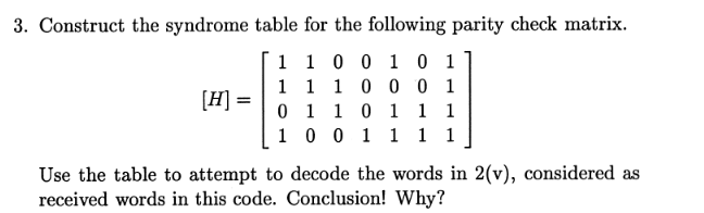 Solved Construct the syndrome table for the following parity | Chegg.com