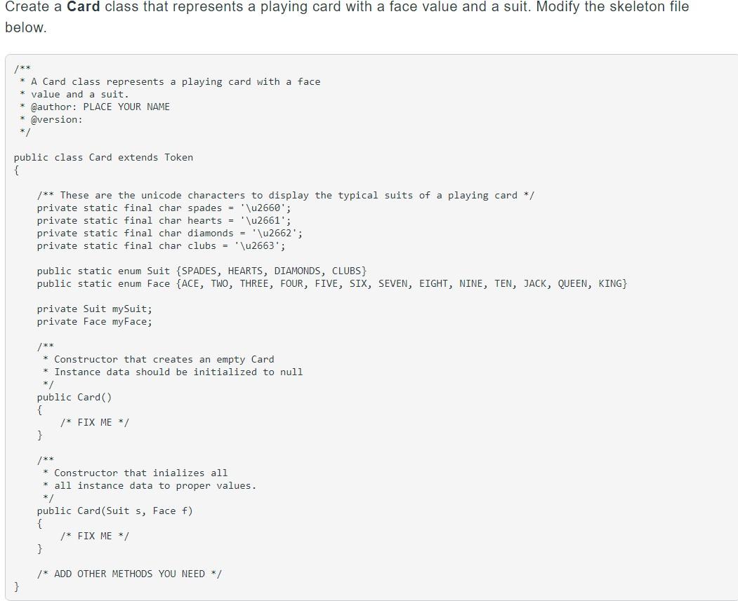 Solved Create a Card class that represents a playing card | Chegg.com