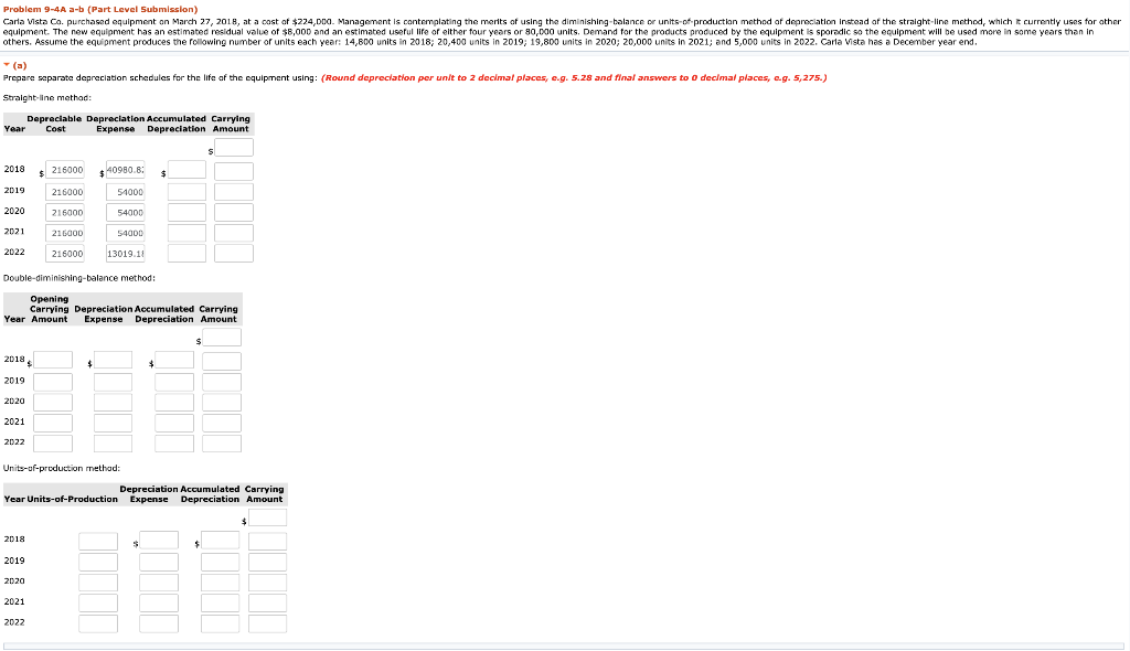 Solved Problem 9-4A a-b (Part Level Submission) Carla Vista | Chegg.com