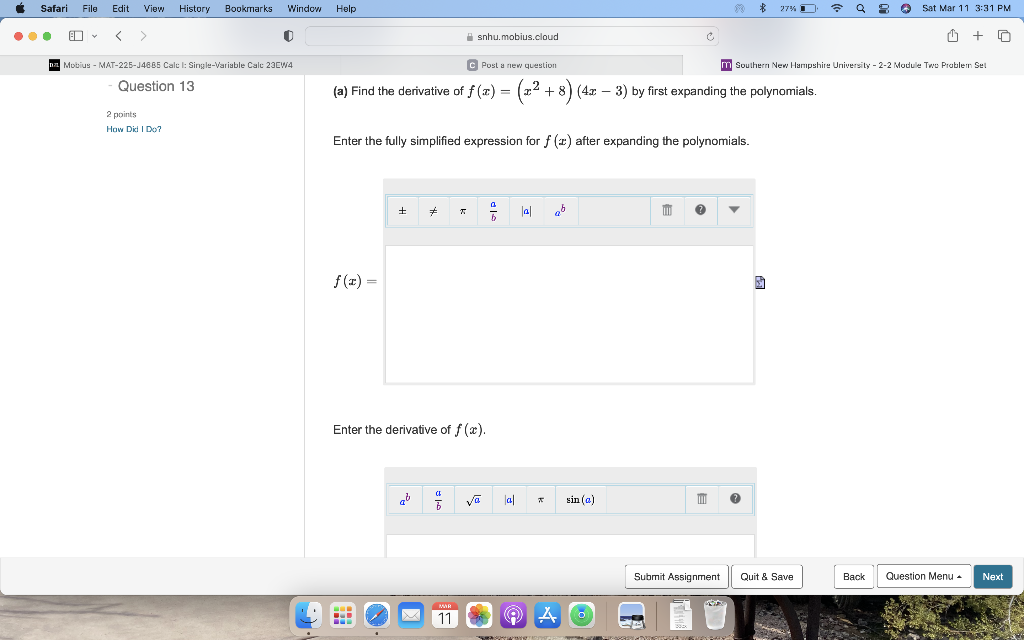 Solved (a) Find the derivative of f(x)=(x2+8)(4x−3) by first | Chegg.com
