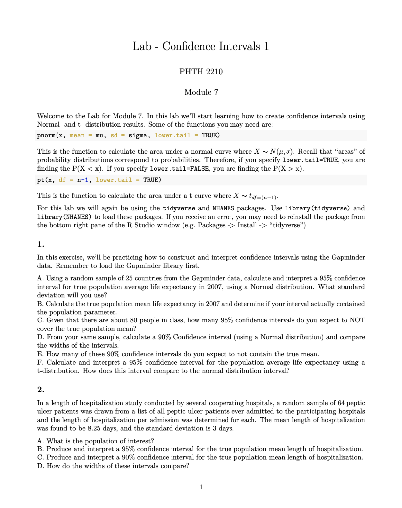 Solved Lab - Confidence Intervals 1 PHTH 2210 Module 7 | Chegg.com