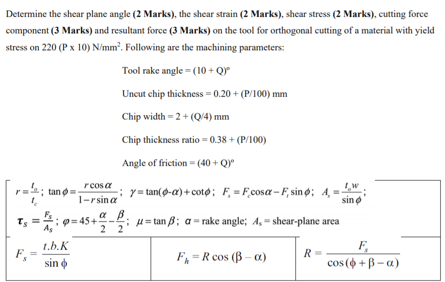 Solved Determine the shear plane angle (2 Marks), the shear | Chegg.com