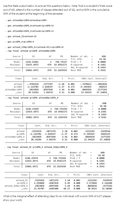 Solved Use The Stata Output Below To Answer The Questions 