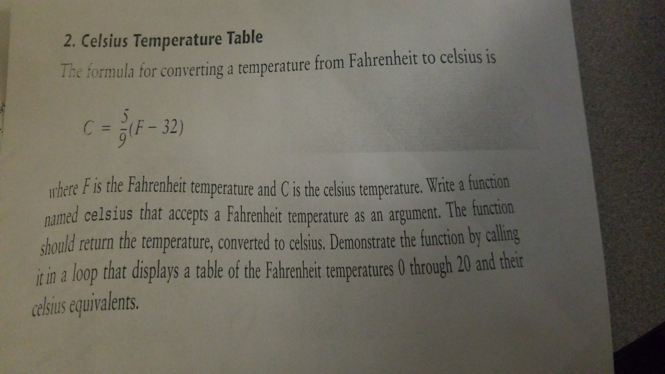 Solved 2. Celsius Temperature Table The formula for | Chegg.com