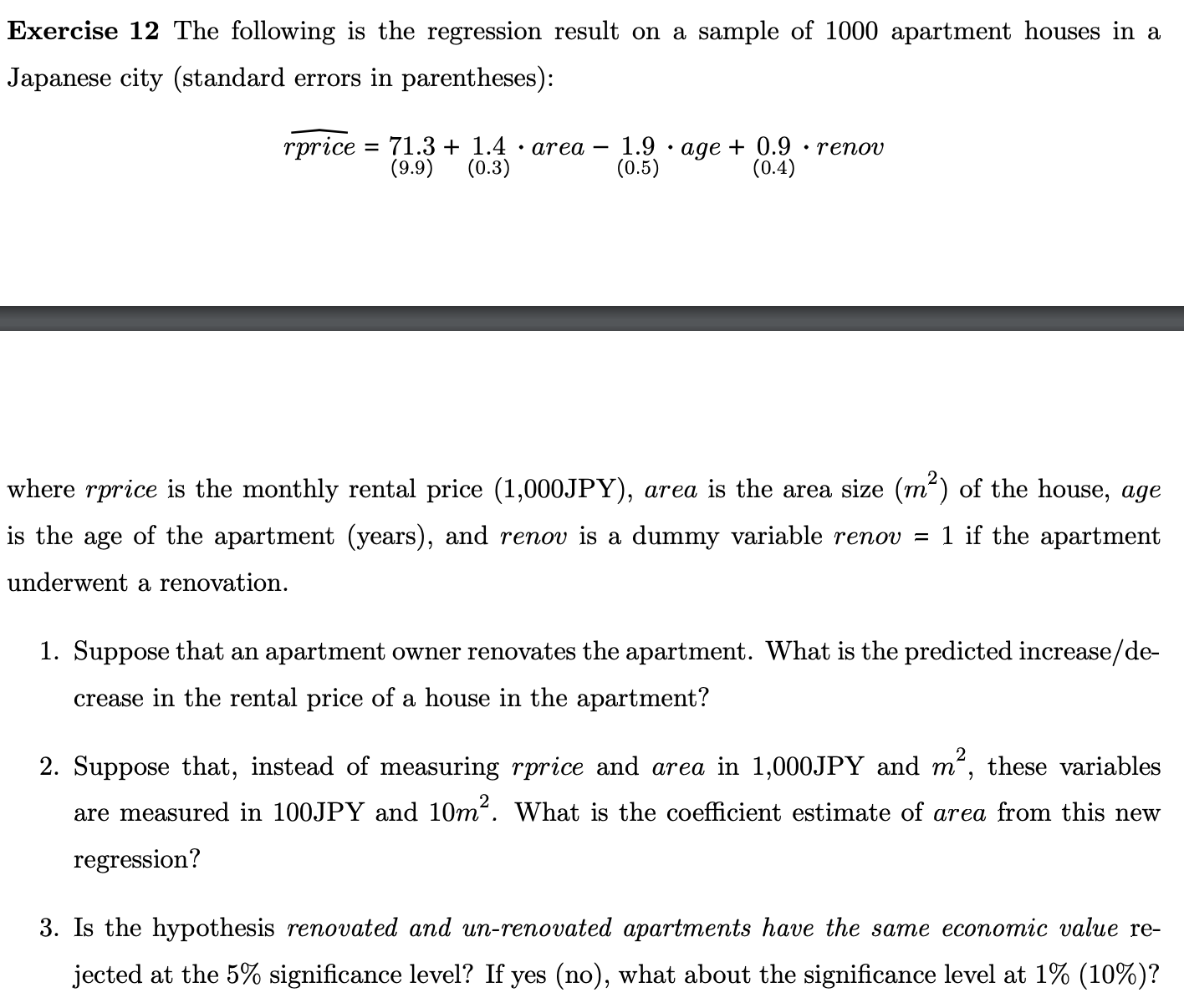 Solved Exercise 12 ﻿The following is the regression result | Chegg.com