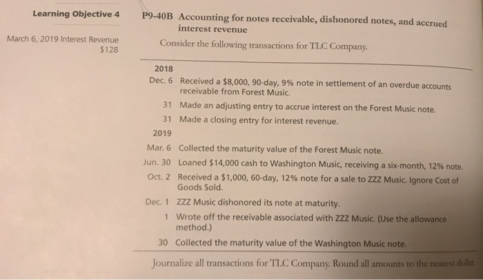 Solved Learning Objective 4 P9-40B Accounting for notes | Chegg.com