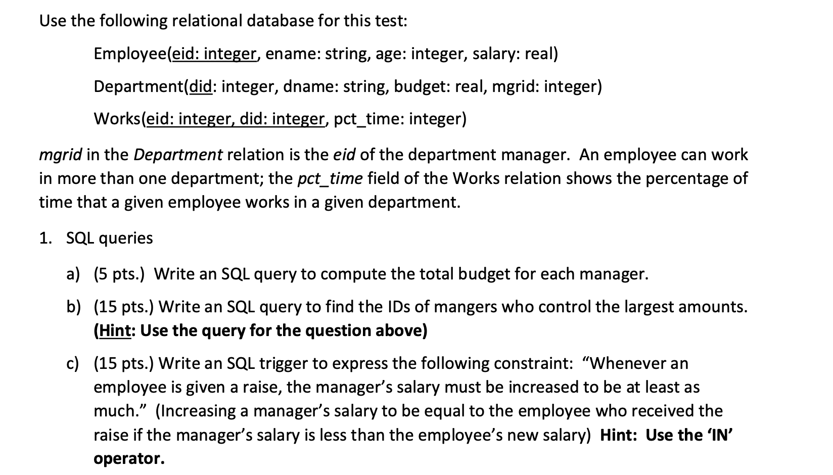 Solved Use the following relational database for this test: | Chegg.com