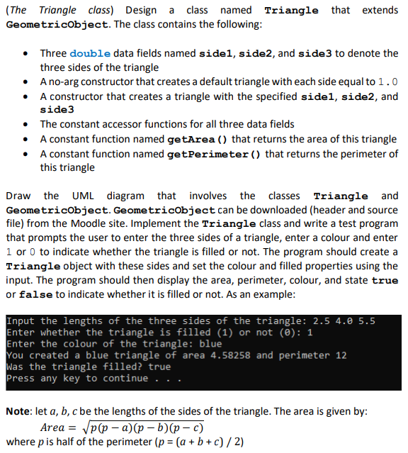 Solved (The Triangle class) Design a class named Triangle | Chegg.com