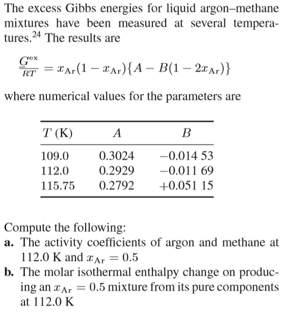 Solved The excess Gibbs energies for liquid argon-methane | Chegg.com