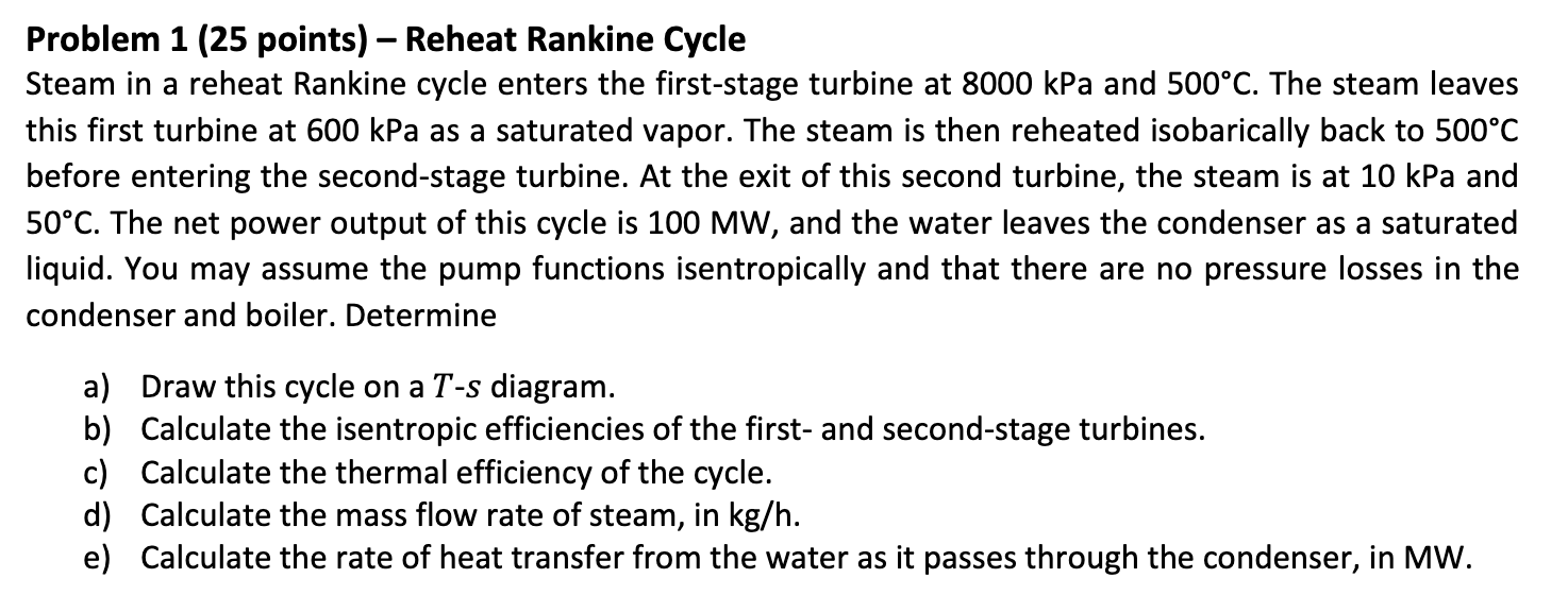 Solved Problem 1 (25 points) - Reheat Rankine Cycle Steam in | Chegg.com