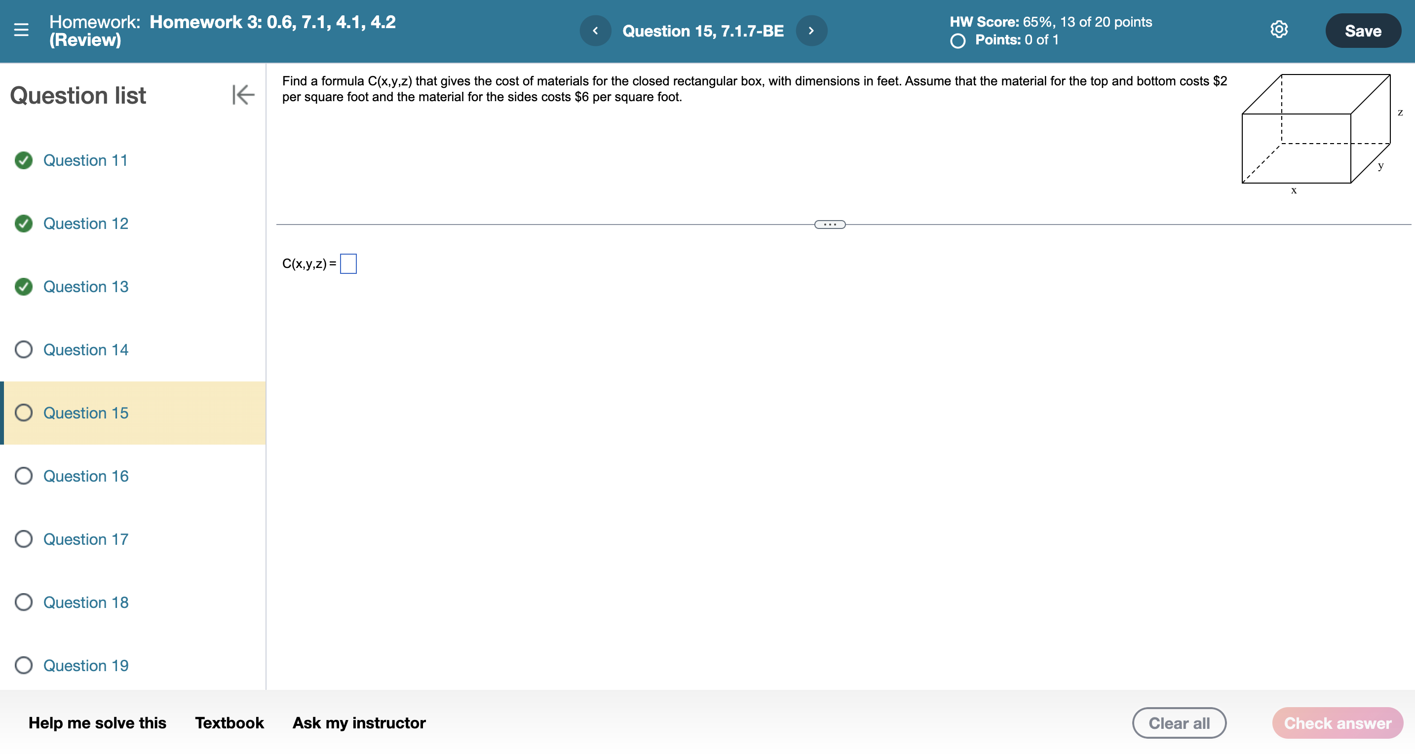 Solved Find a formula C(x,y,z) that gives the cost of | Chegg.com