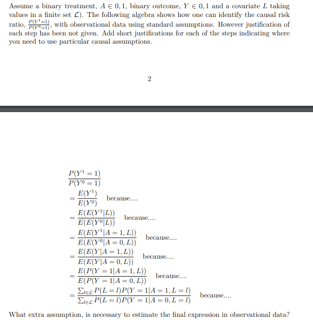 Assume a binary treatment, A € 0,1, binary outcome, Y | Chegg.com