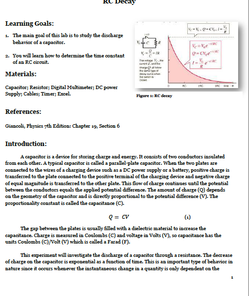 RC Decay Learning Goals The main goal of this lab is | Chegg.com
