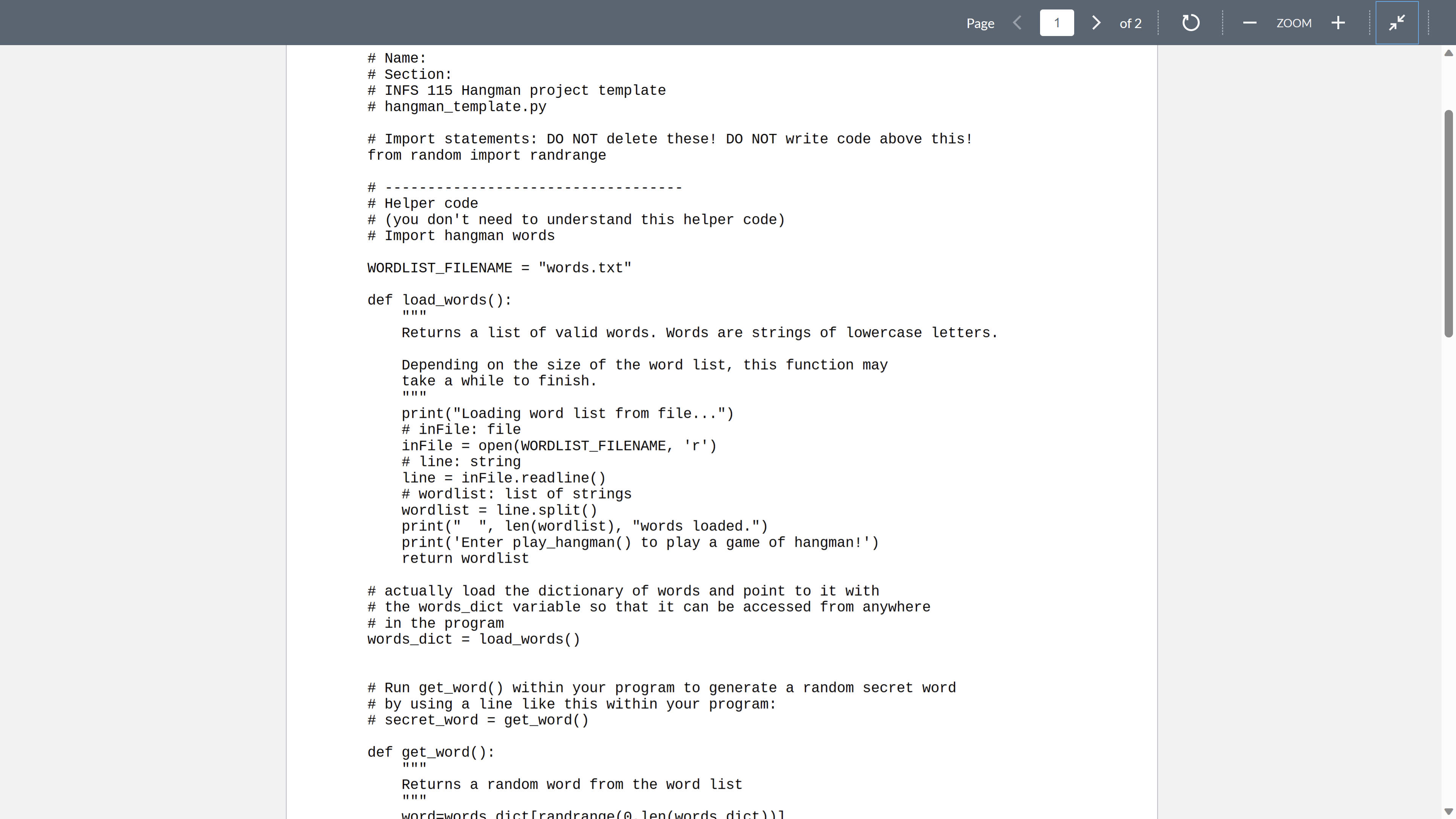 \# Name: \# Section: \# INFS 115 Hangman project | Chegg.com