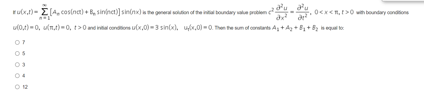 Solved If u(x,t)=∑n=1∞[Ancos(nct)+Bnsin(nct)]sin(nx) is the | Chegg.com