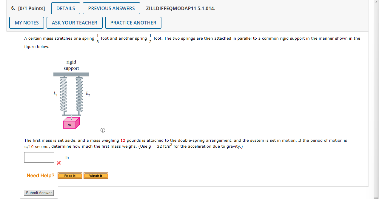 Solved A certain mass stretches one spring 31 foot and | Chegg.com
