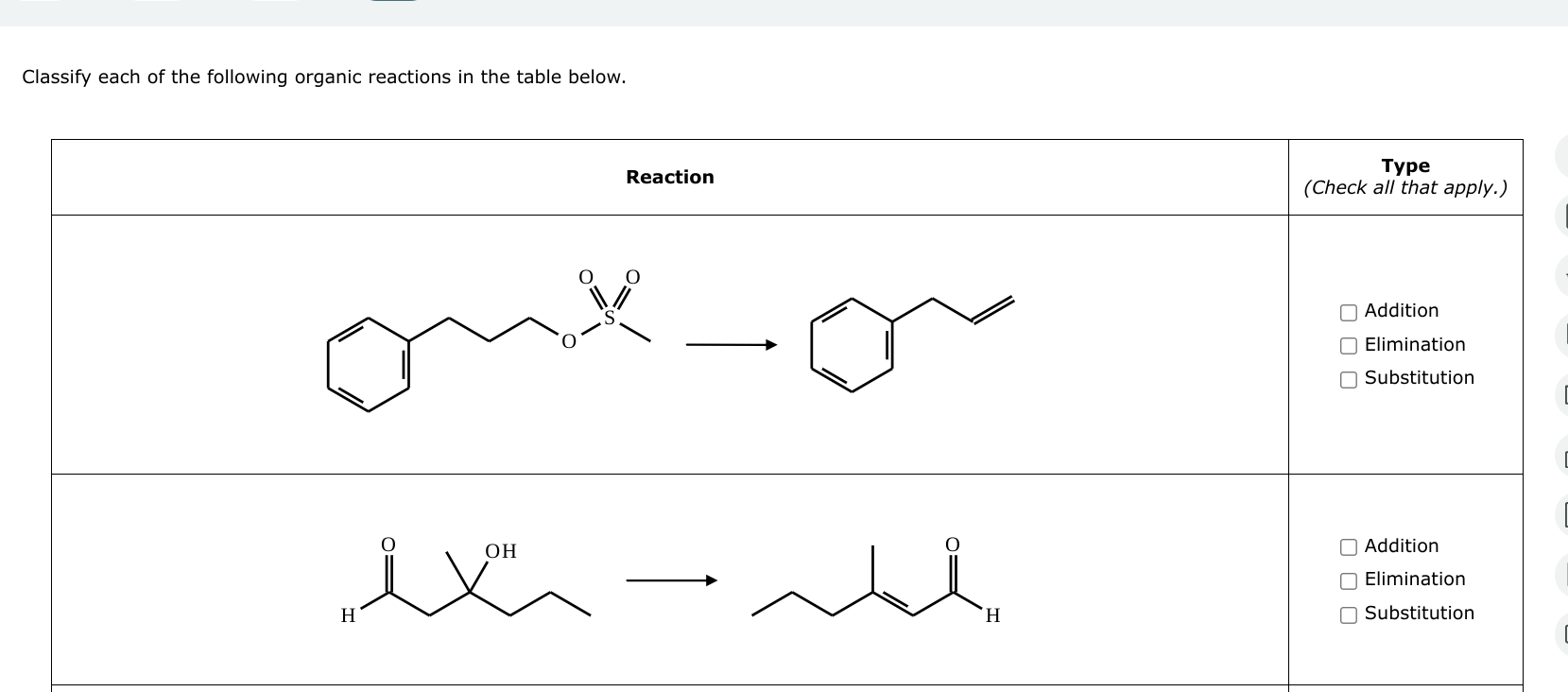 Solved Classify each of the following organic reactions in | Chegg.com