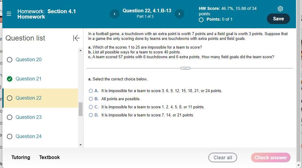 Solved In a football game, a touchdown with an extra point | Chegg.com