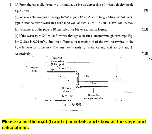 (a) ﻿From the parabolic velocity distribution, derive | Chegg.com