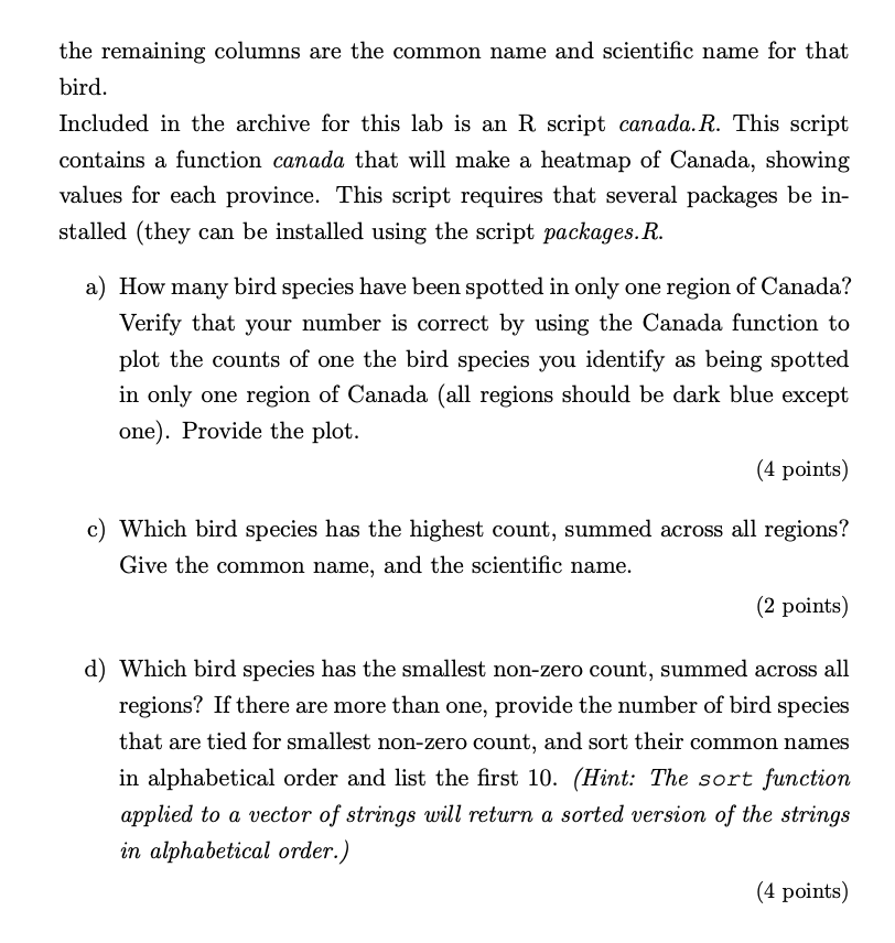 Solved Problem 1: Birds in Canada This problem is about bird | Chegg.com