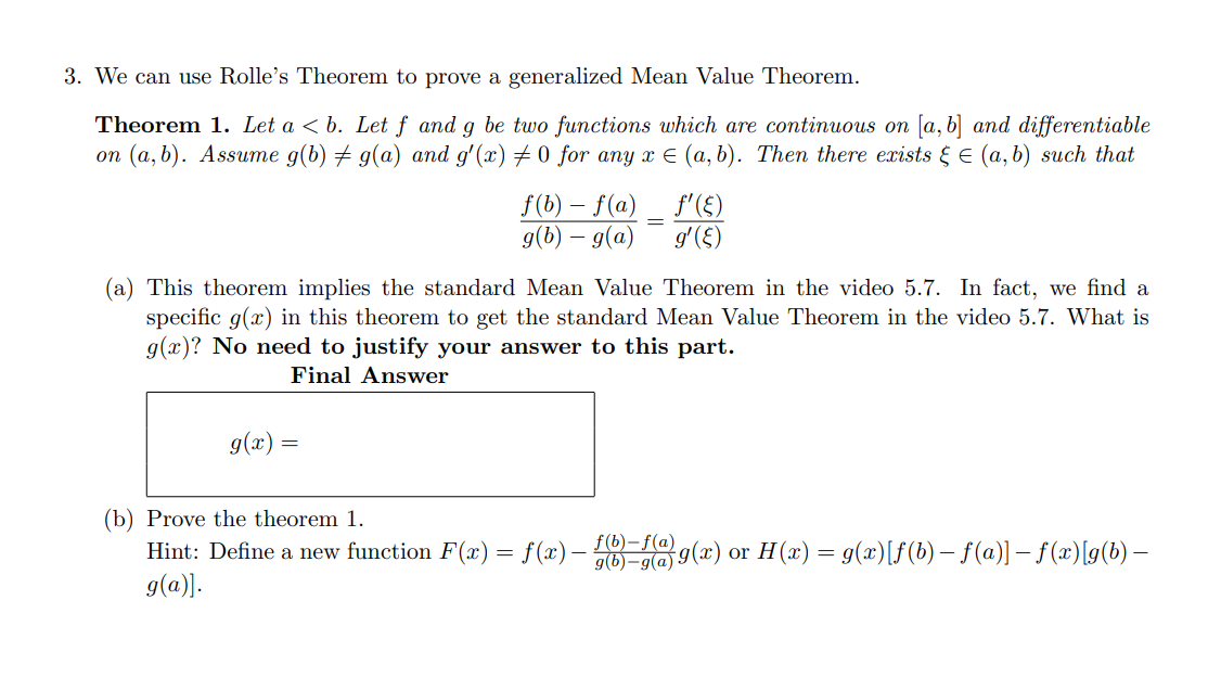 Solved We Can Use Rolle s Theorem To Prove A Generalized Chegg