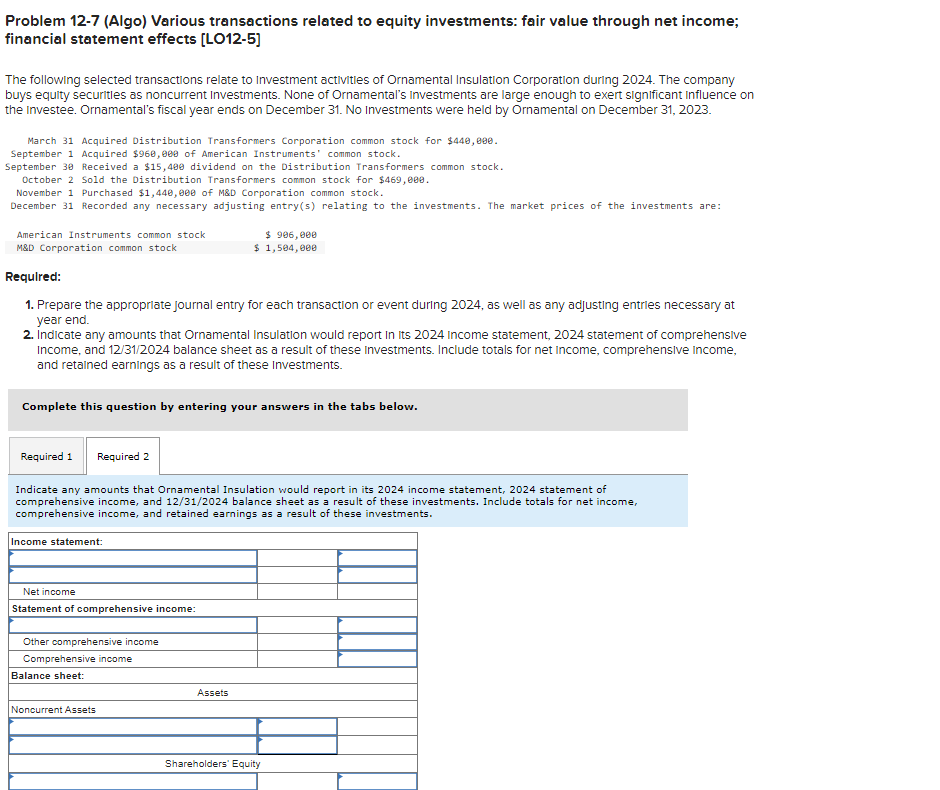 Solved Problem 12-7 (Algo) Various transactions related to | Chegg.com