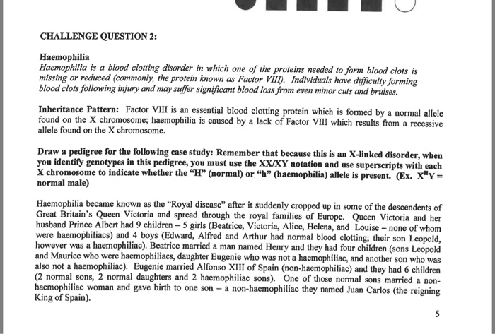 Solved CHALLENGE QUESTION 2: Haemophilia Haemophilia is a | Chegg.com