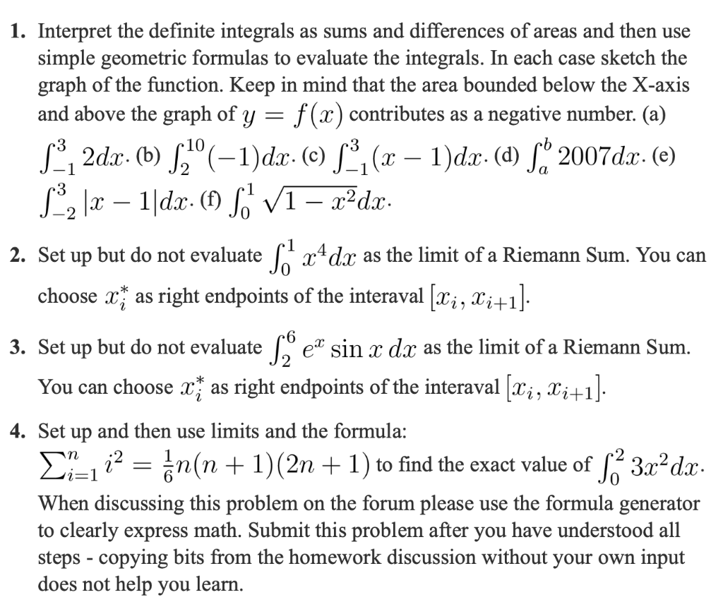 Solved 1. Interpret the definite integrals as sums and | Chegg.com