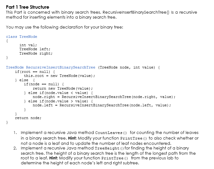 Solved Part 1 Tree Structure This Part is concerned with | Chegg.com