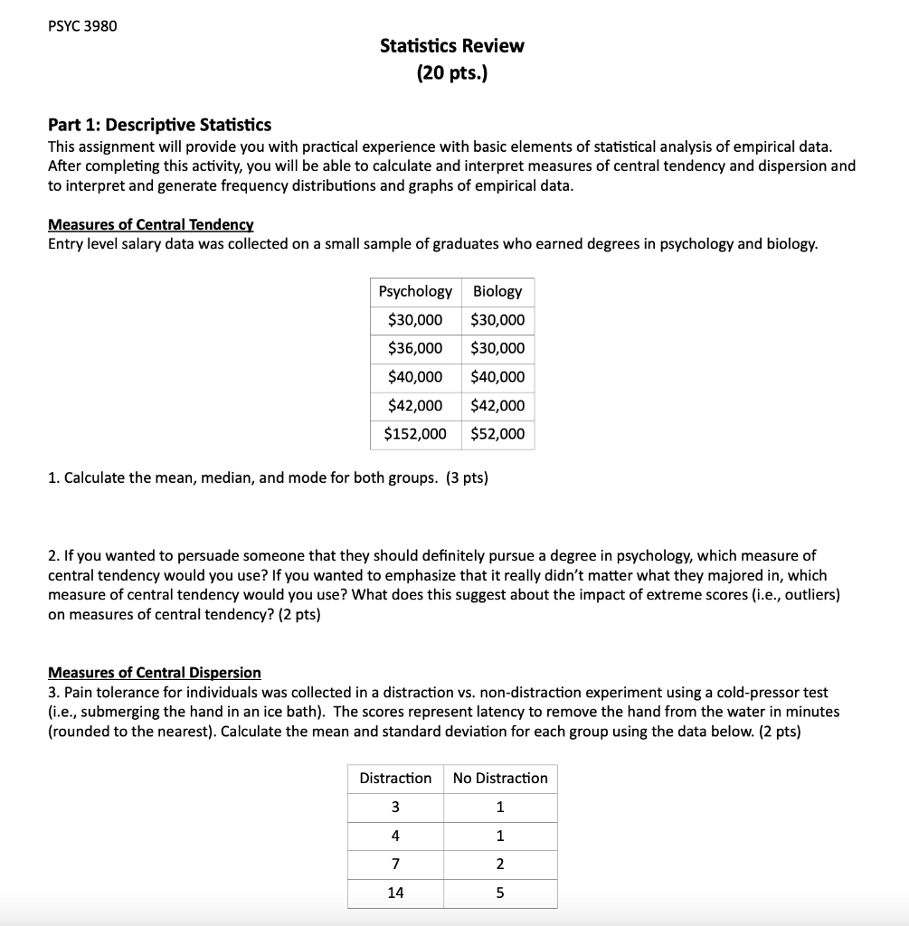 Statistics Review (20 pts.) Part 1: Descriptive | Chegg.com