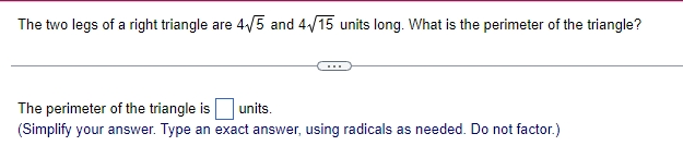 Solved The two legs of a right triangle are 45 and 415 units | Chegg.com