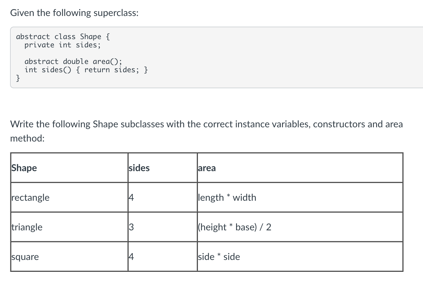 Solved Given the following superclass: abstract class Shape | Chegg.com