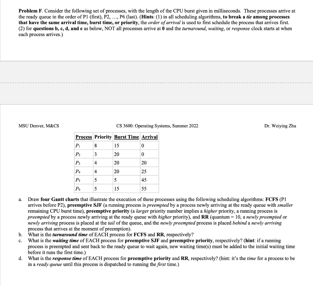 Solved Problem F. Consider the following set of processes, | Chegg.com