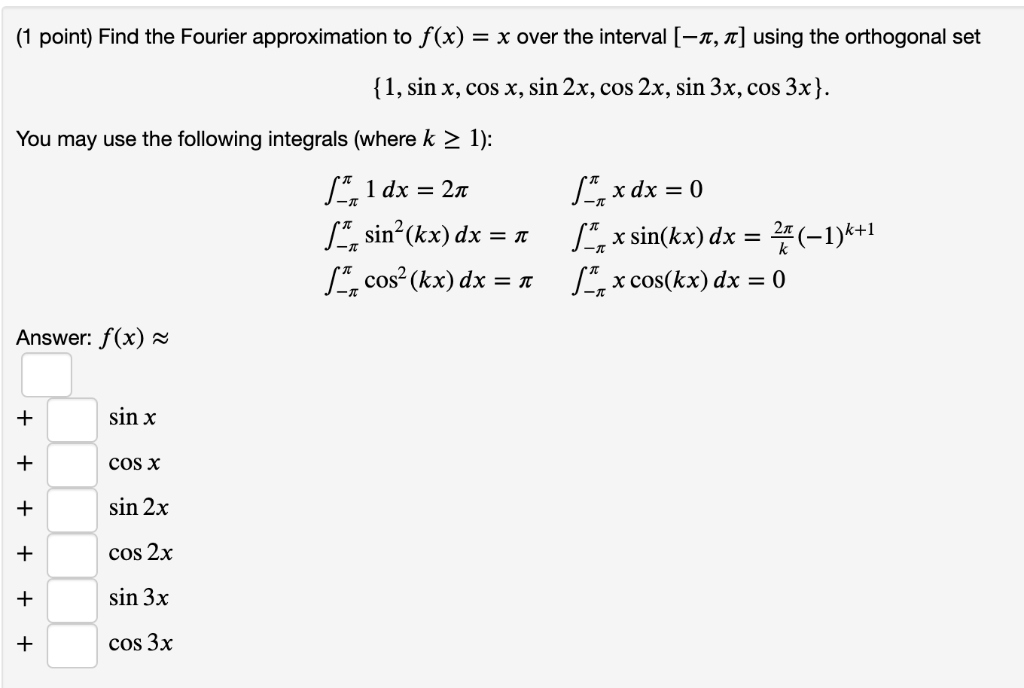 Solved (1 point) Find the Fourier approximation to f(x) = x | Chegg.com