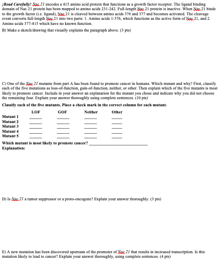 Solved Read Carefulty! Nac 2i encodes a 415 amino acid | Chegg.com