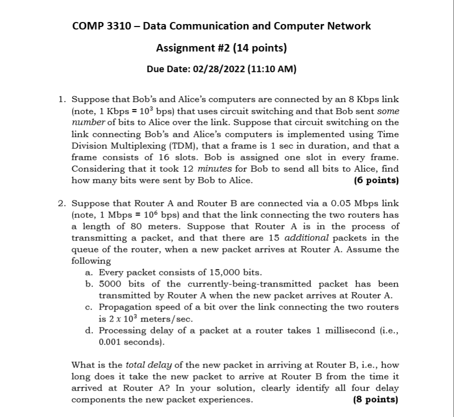 Solved COMP 3310 - Data Communication and Computer Network | Chegg.com
