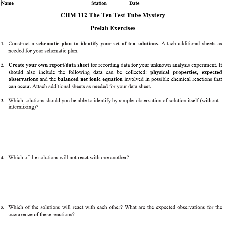 Name Station Date CHM 112 The Ten Test Tube Mystery | Chegg.com