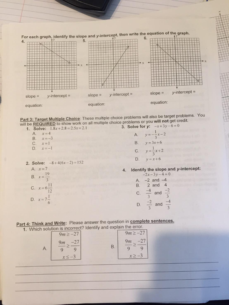 Solved У For each graph, identify the slope and y-intercept, | Chegg.com