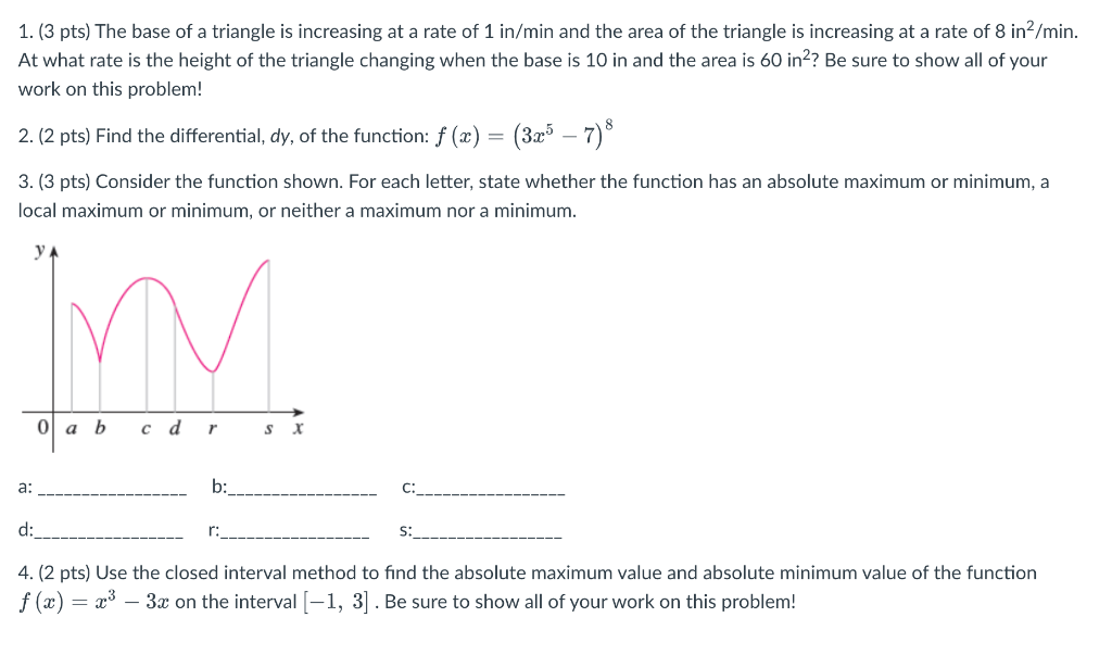 Solved 1. (3 pts) The base of a triangle is increasing at a | Chegg.com