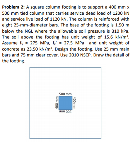 Solved Problem 2: A square column footing is to support a | Chegg.com