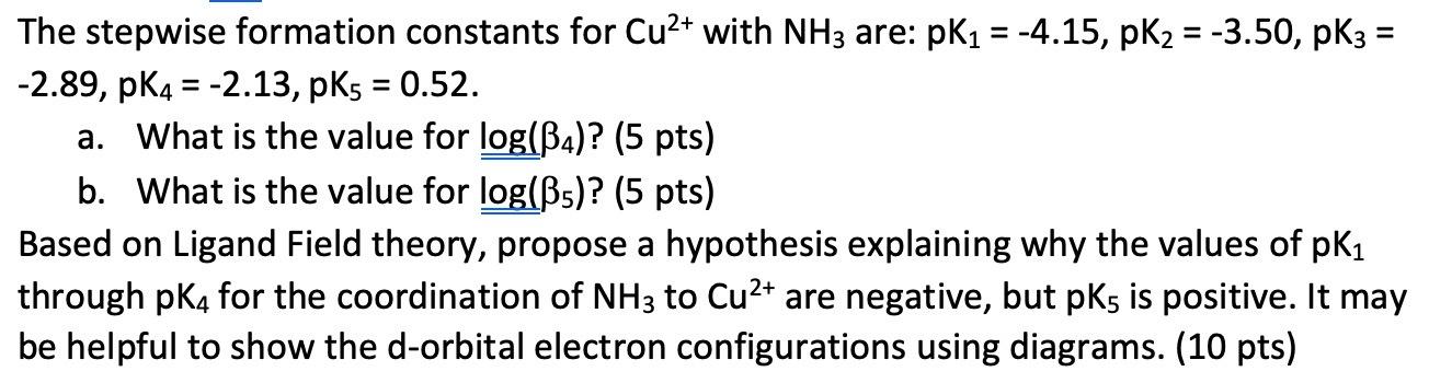 Solved The stepwise formation constants for Cu2+ with NH3 | Chegg.com