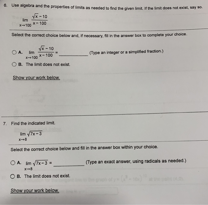 Solved 6. Use algebra and the properties of limits as needed | Chegg.com