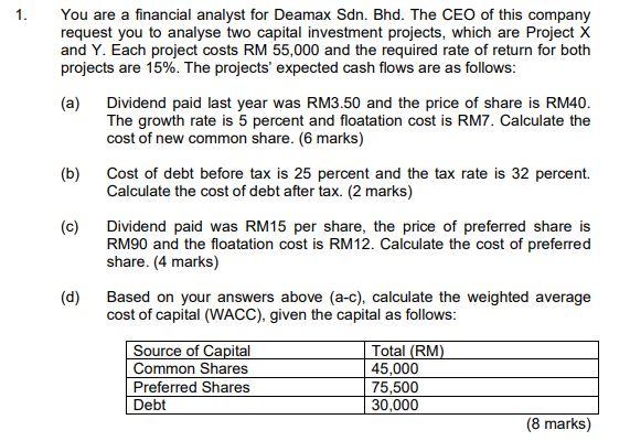 Solved 1. You are a financial analyst for Deamax Sdn. Bhd. | Chegg.com