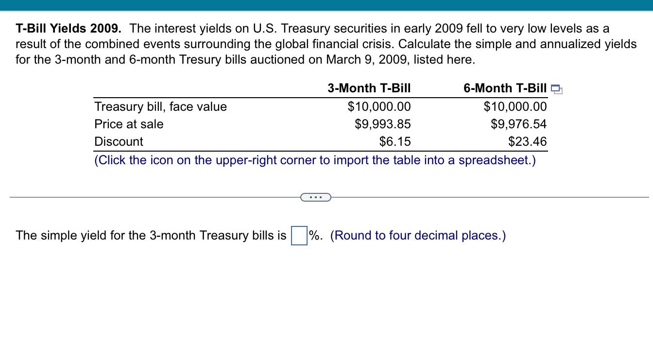 Solved T-Bill Yields 2009. The interest yields on U.S. | Chegg.com
