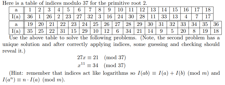 Solved Here is a table of indices modulo 37 for the | Chegg.com