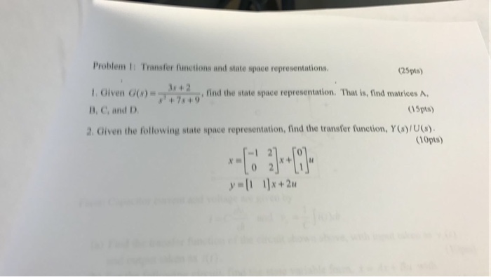 Solved Problem I: Transfer functions and state space | Chegg.com