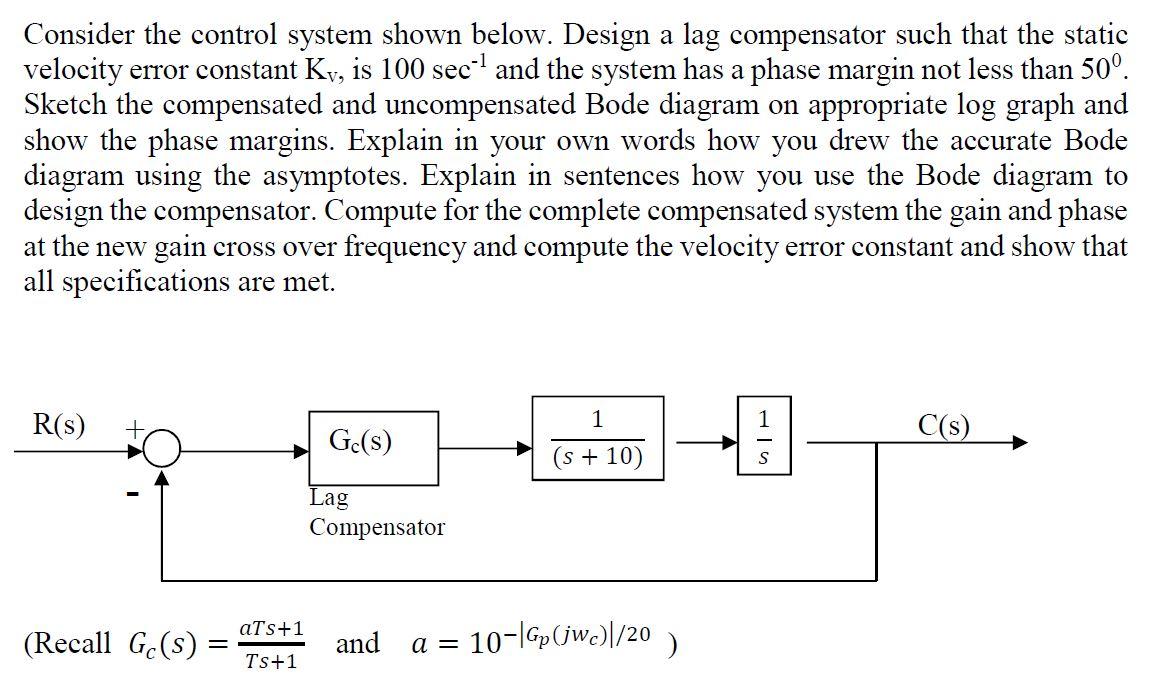 Solved Consider the control system shown below. Design a lag | Chegg.com