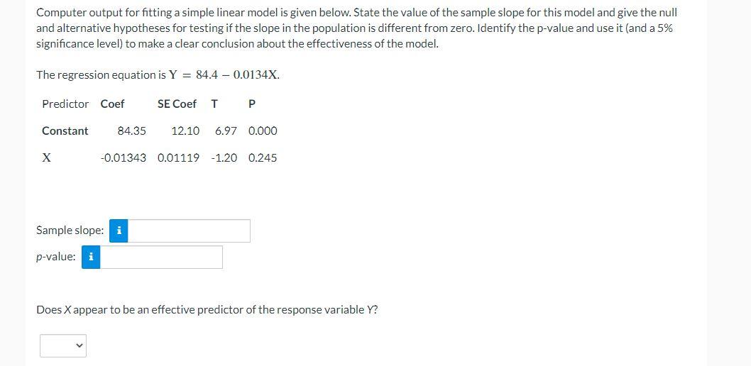 Solved Computer output for fitting a simple linear model is | Chegg.com