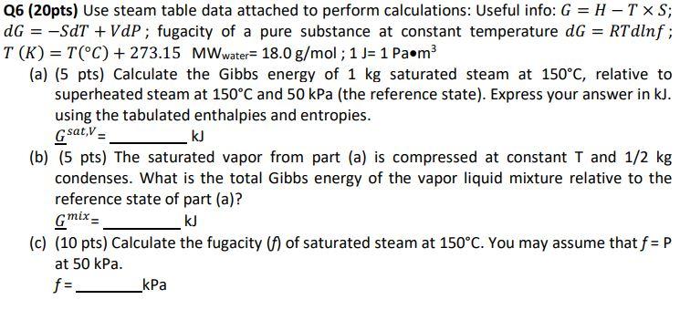 Solved Q6 (20pts) Use steam table data attached to perform | Chegg.com